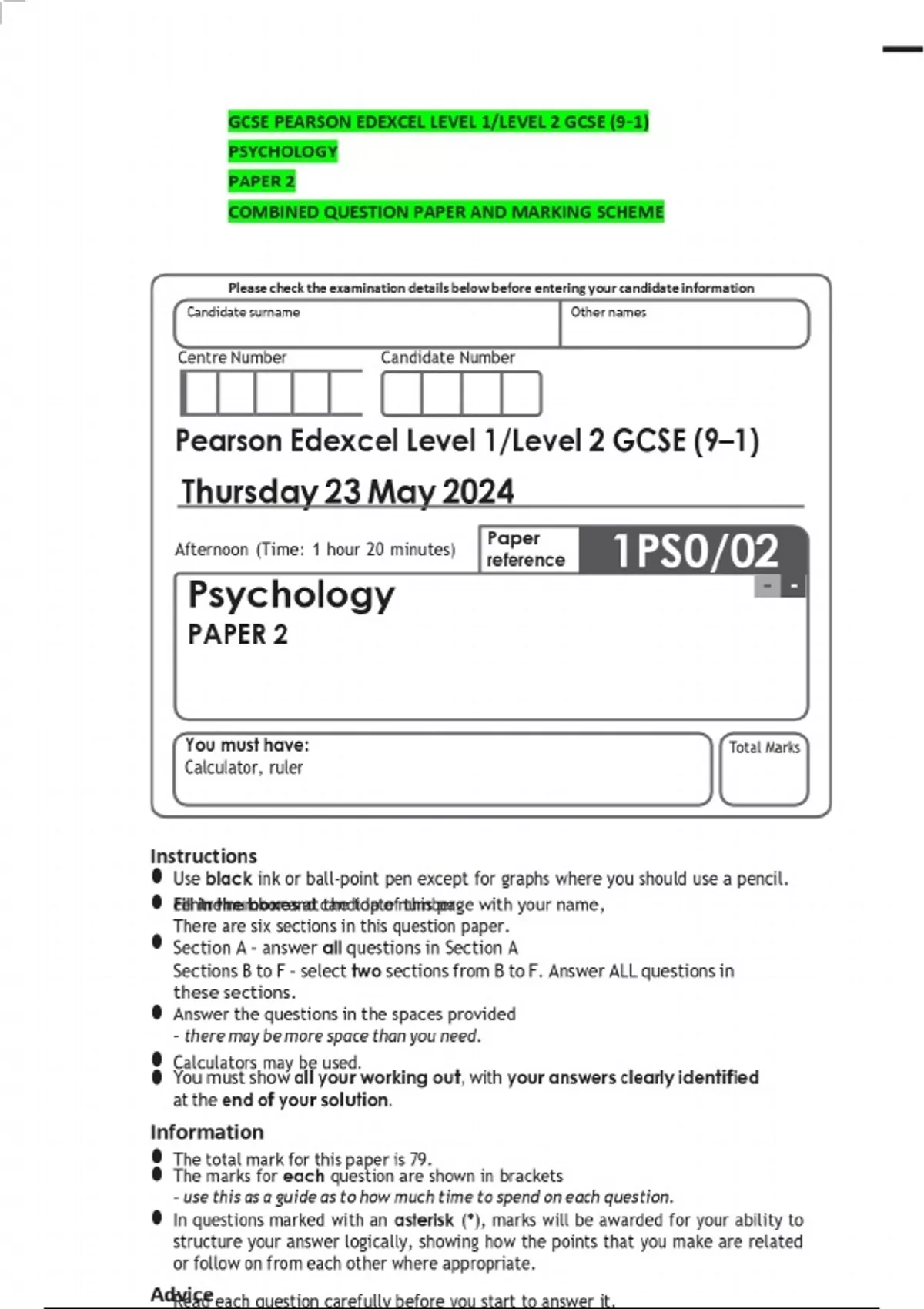 GCSE PEARSON EDEXCEL LEVEL 1/LEVEL 2 GCSE (9–1) PSYCHOLOGY PAPER 2 ...