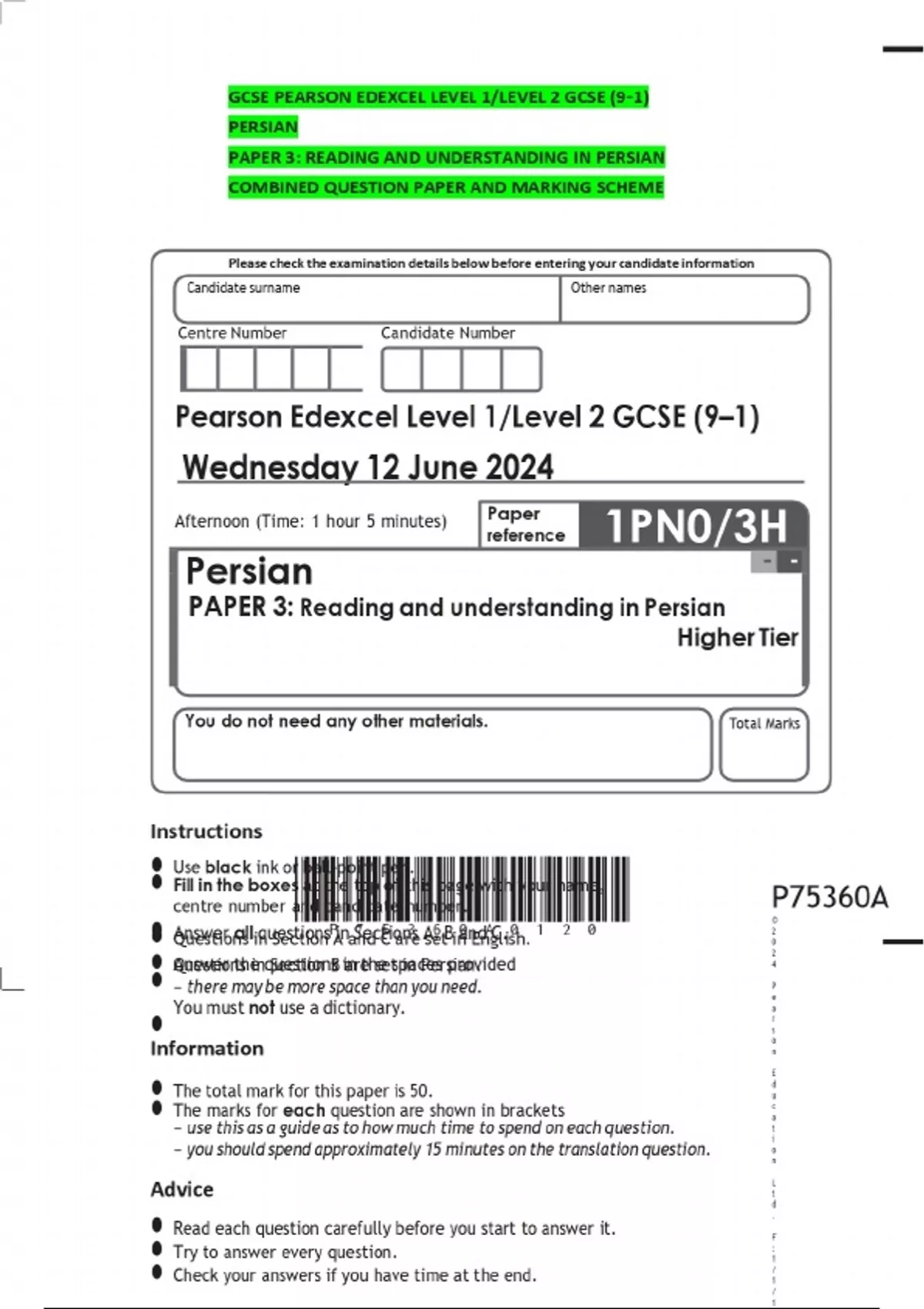 GCSE PEARSON EDEXCEL LEVEL 1/LEVEL 2 GCSE (9–1) PERSIAN PAPER 3 ...