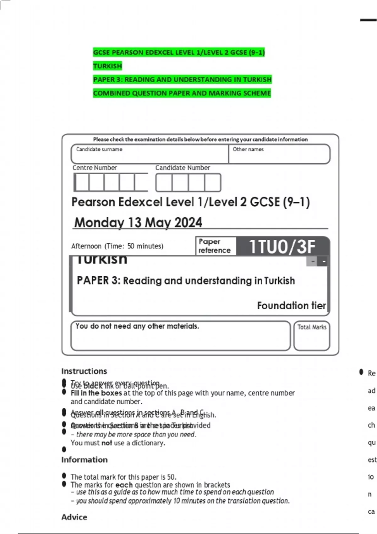GCSE PEARSON EDEXCEL LEVEL 1/LEVEL 2 GCSE (9–1) TURKISH PAPER 3 ...