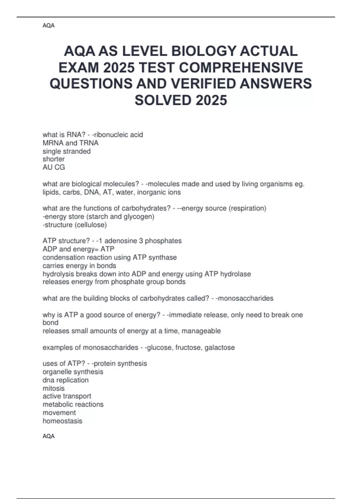 AQA AS LEVEL BIOLOGY ACTUAL EXAM 2025 TEST COMPREHENSIVE QUESTIONS AND ...
