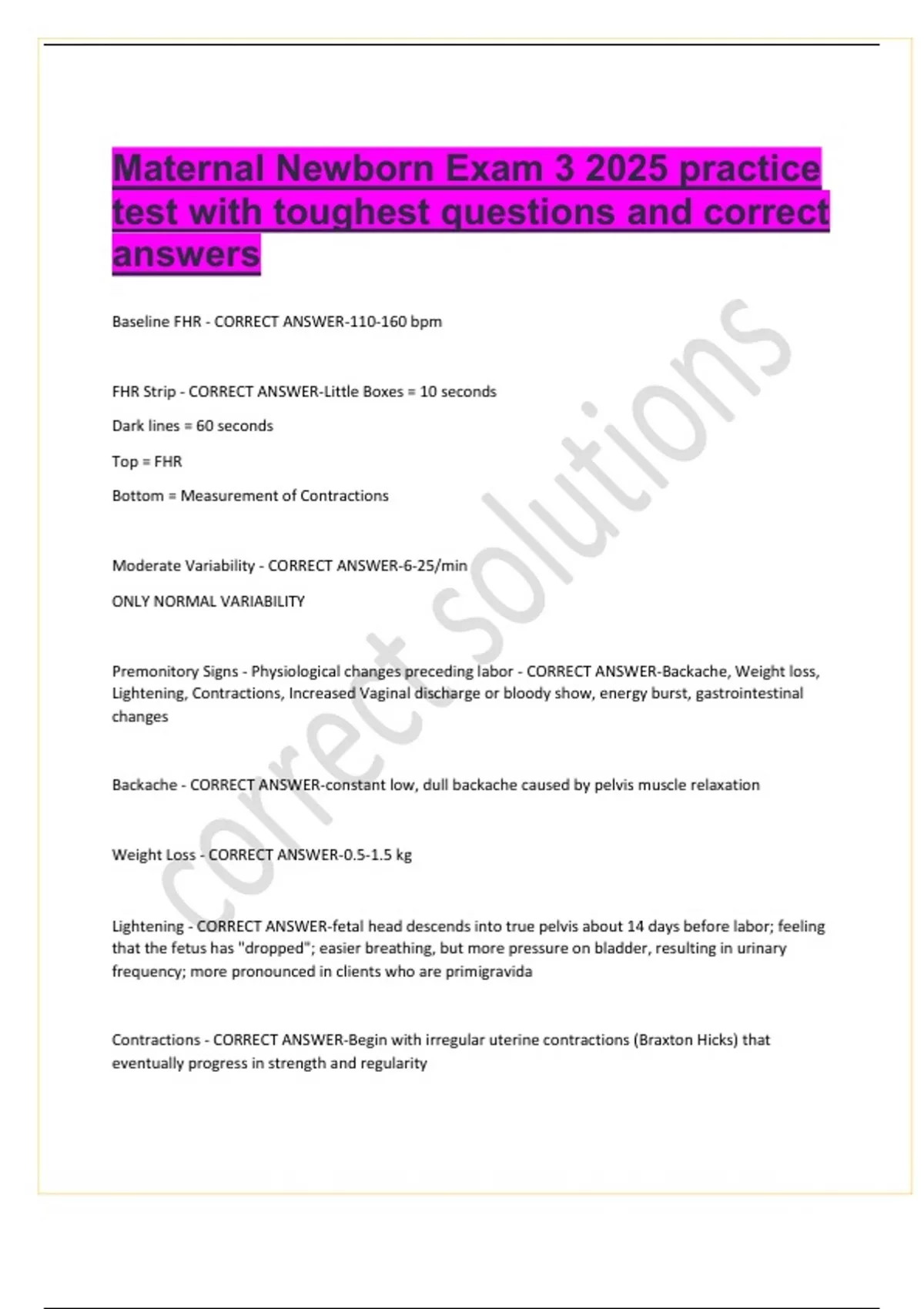 Maternal Newborn Exam 3 – Practice Questions with Correct Answers ...