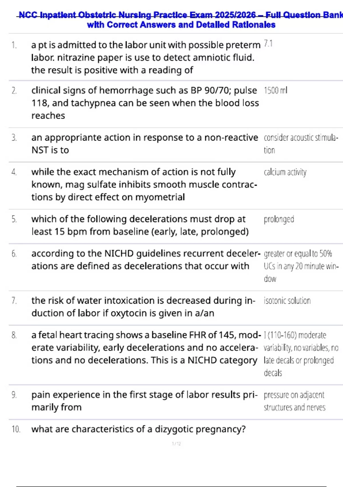 NCC Inpatient Obstetric Nursing Practice Exam 2025/2026 – Full Question ...