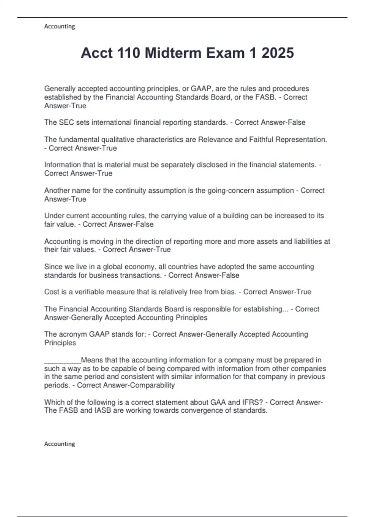 Acct 110 Midterm Exam 1 2025 - Accounting 110 - Stuvia US