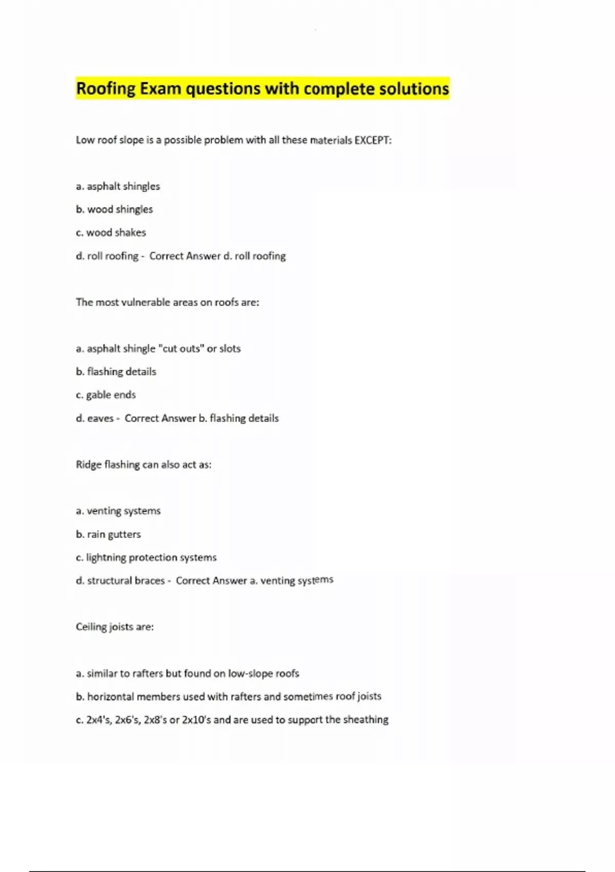 Roofing Exam questions with complete solutions - Roofing - Stuvia US