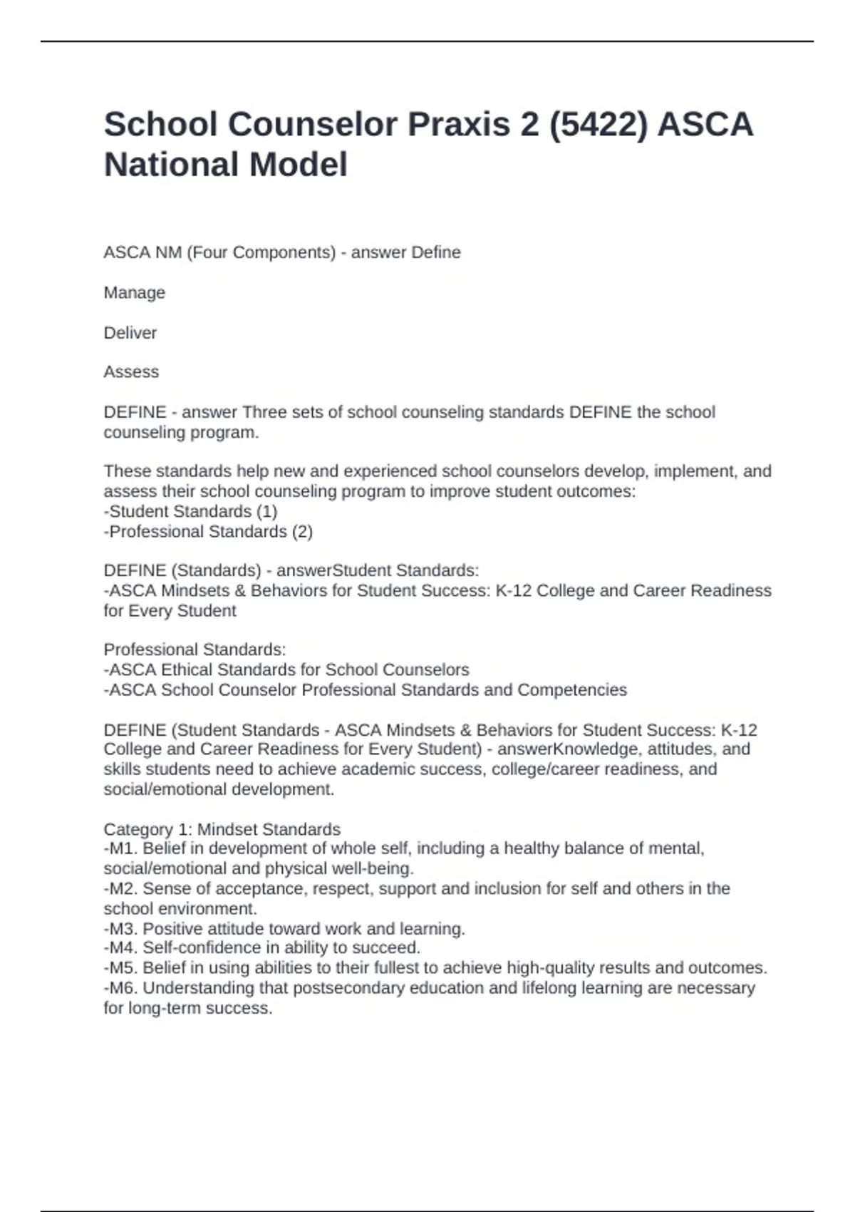 School Counselor Praxis 2 (5422) ASCA National Model Questions and ...