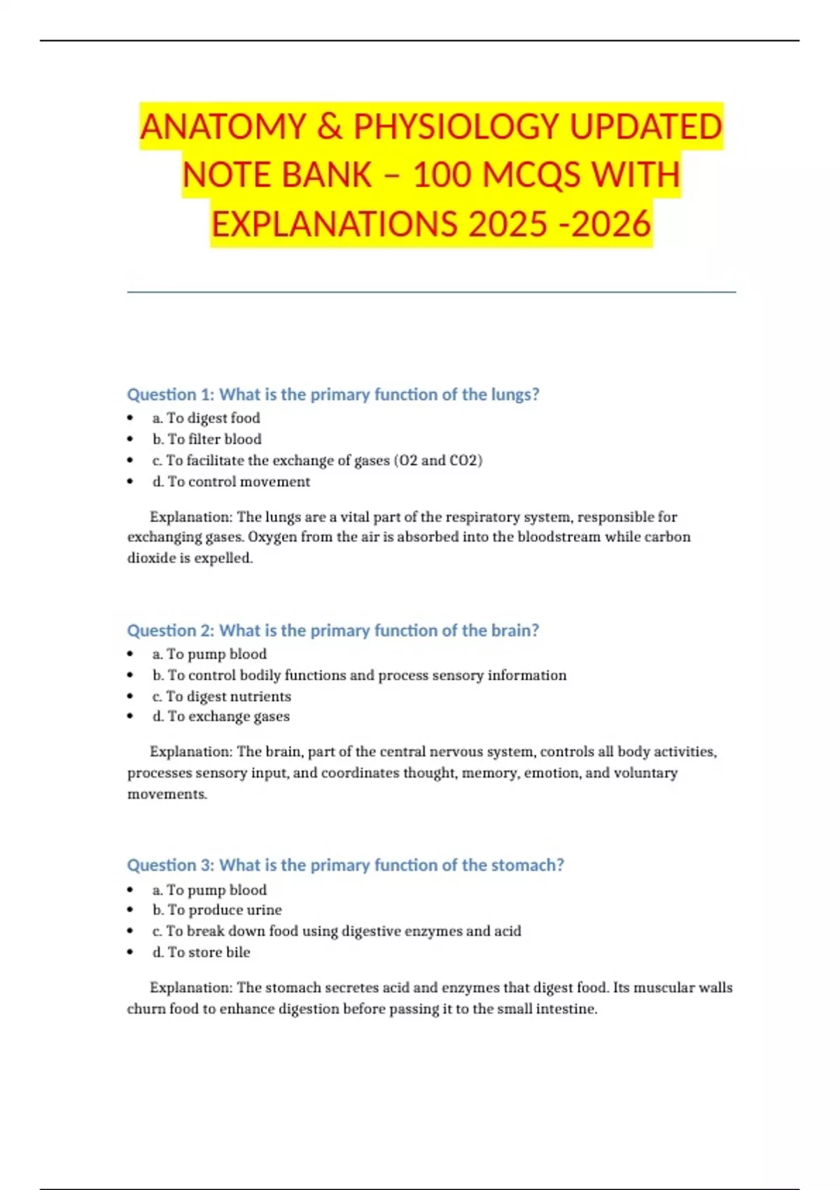 Anatomy and Physiology 100 MCQs with Detailed Explanations | Nursing ...