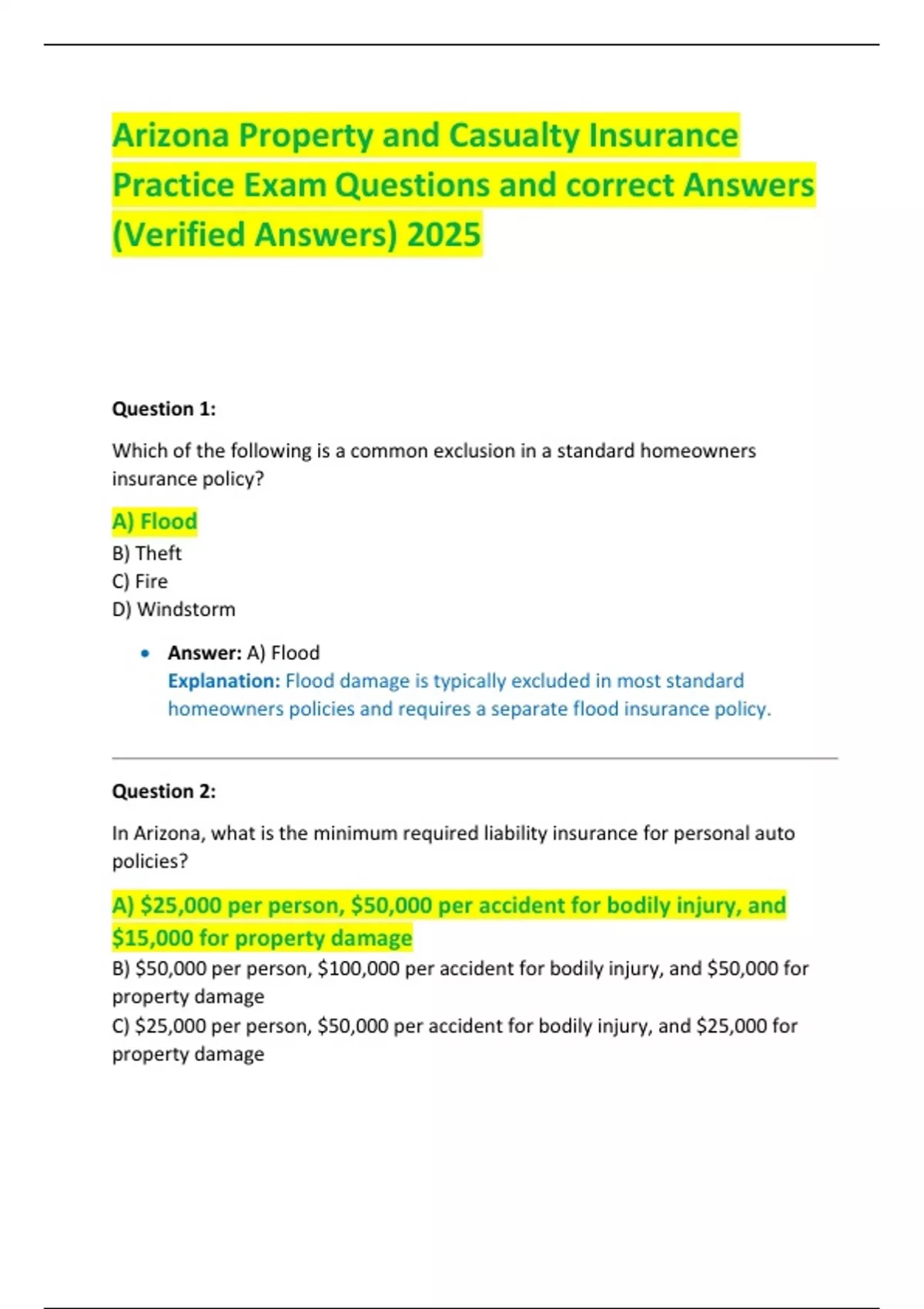Arizona Property and Casualty Insurance Practice Exam Questions and ...