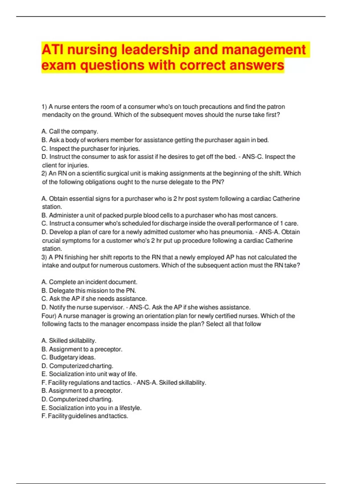 ATI nursing leadership and management exam questions with correct ...
