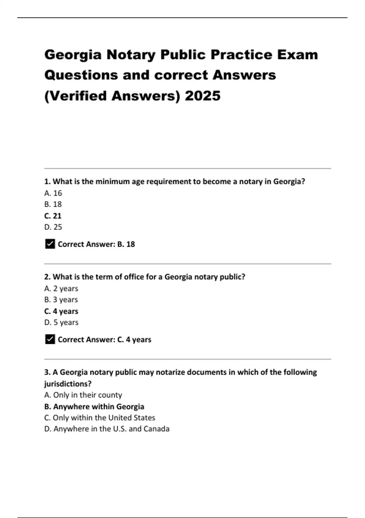 Georgia Notary Public Practice Exam Questions and correct Answers ...
