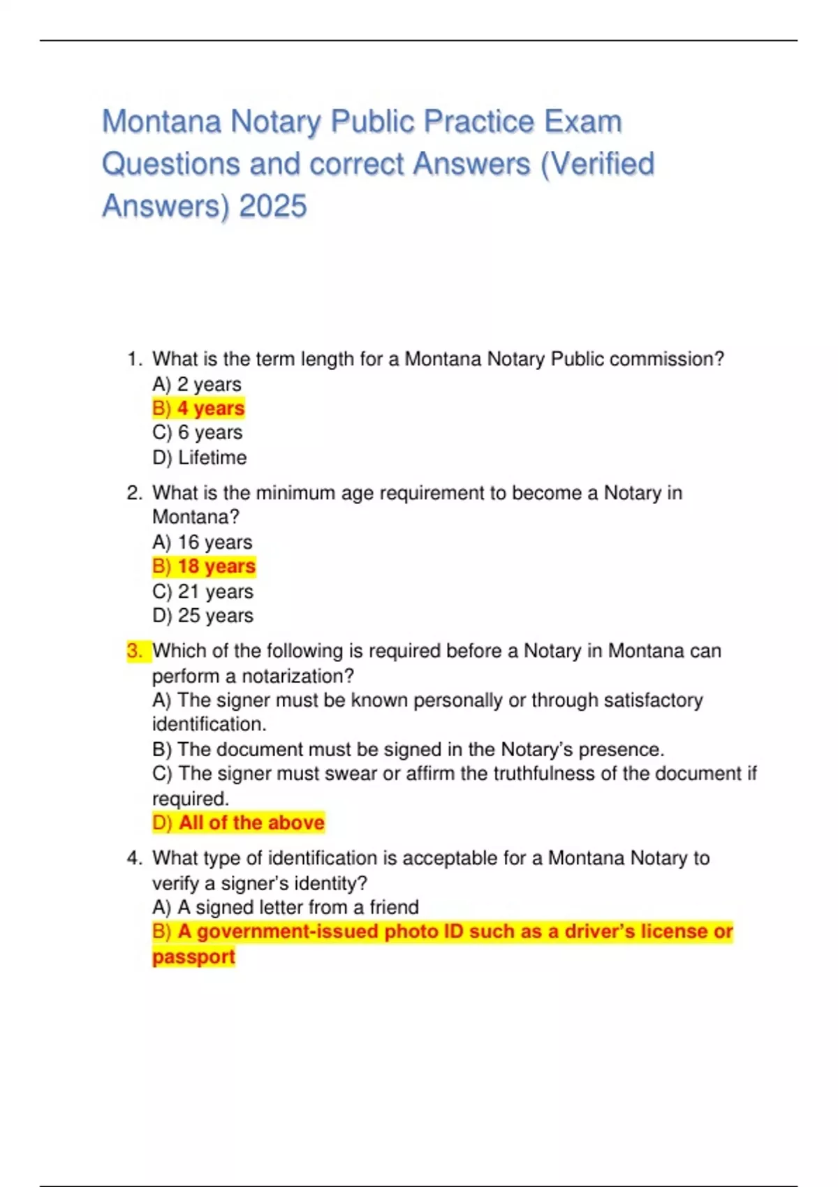Montana Notary Public Practice Exam Questions and correct Answers ...