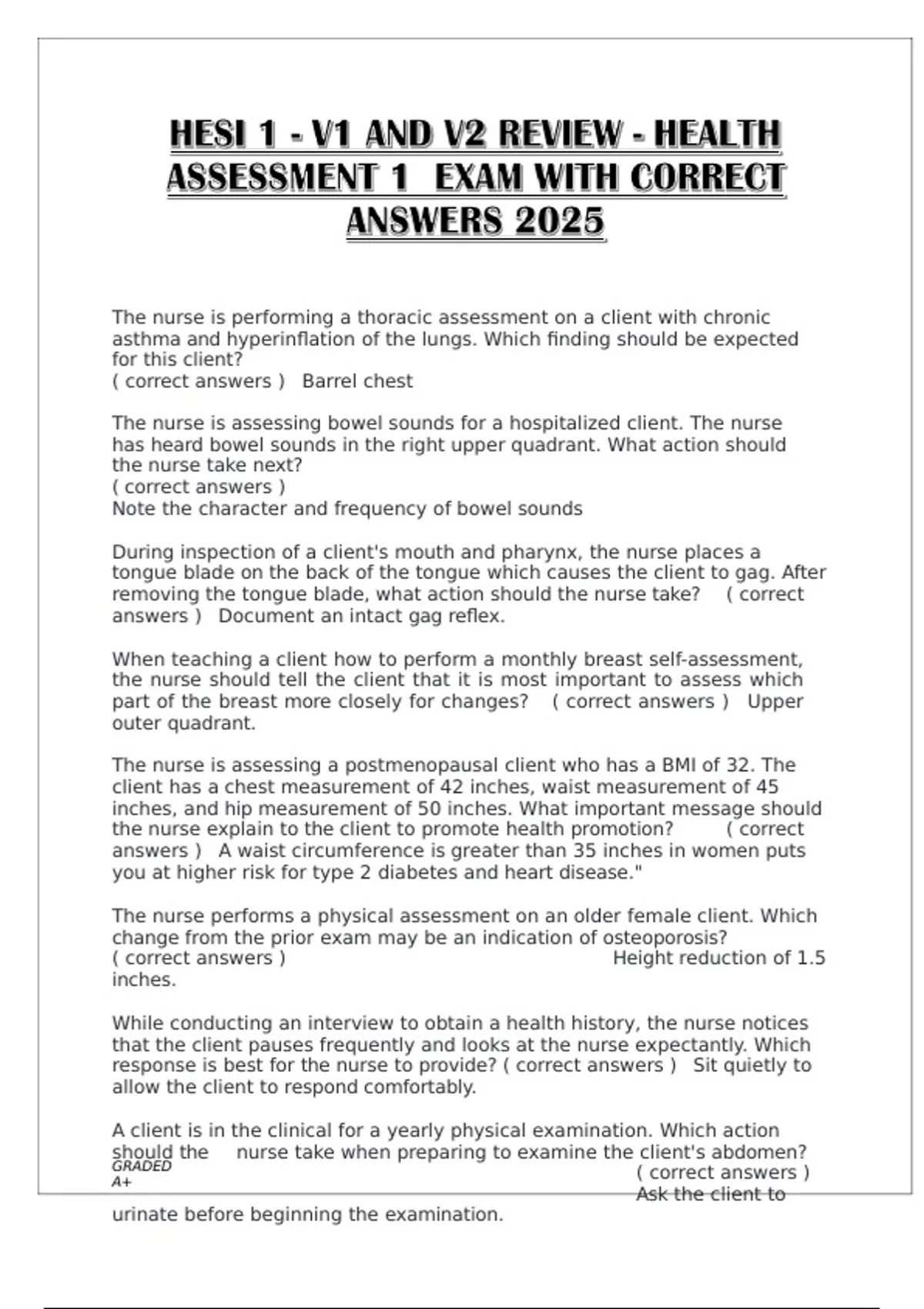 HESI 1 - V1 AND V2 REVIEW - HEALTH ASSESSMENT 1 EXAM WITH CORRECT ...