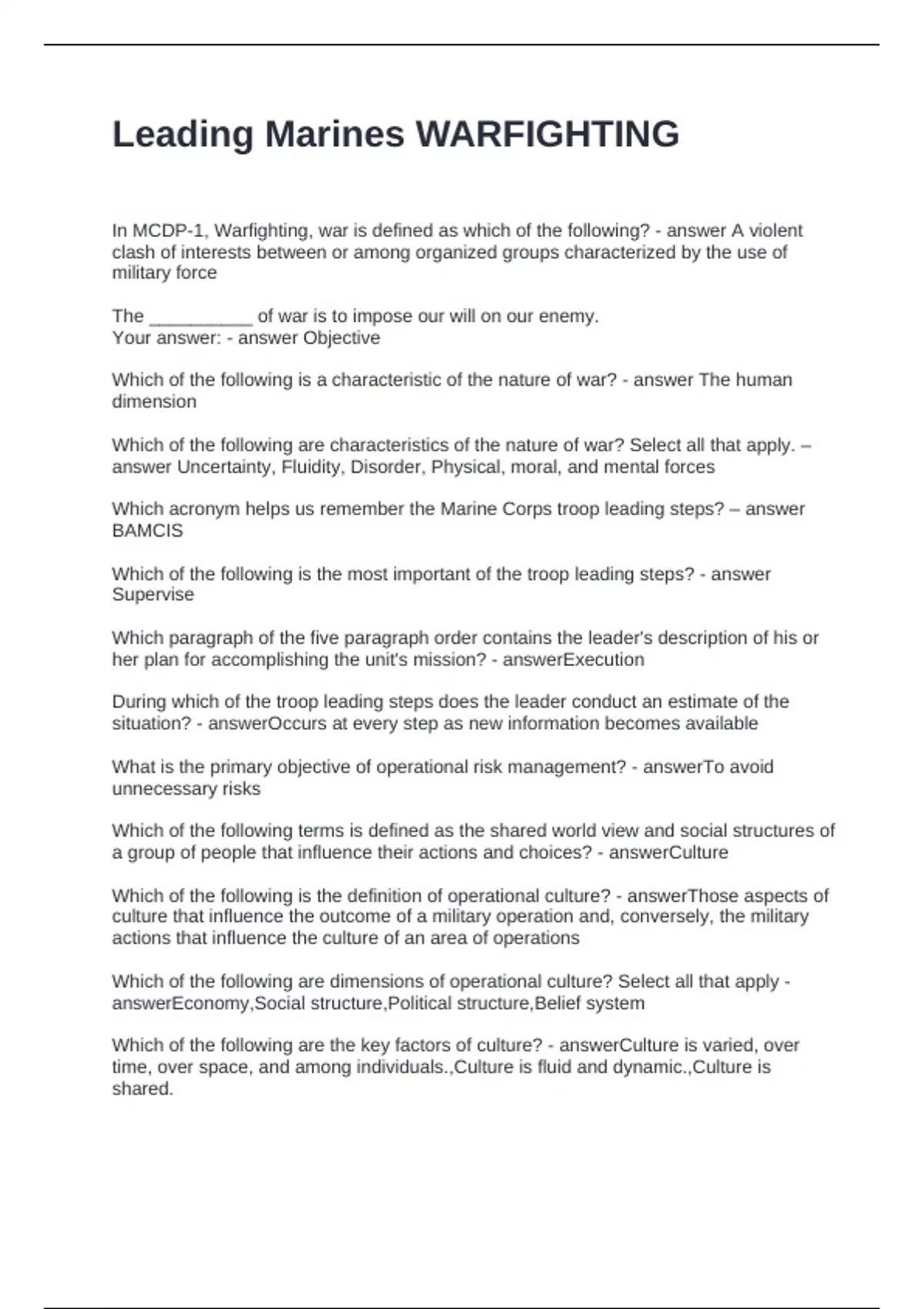 Leading Marines WARFIGHTING Questions and Answers - Warfighting - Stuvia US