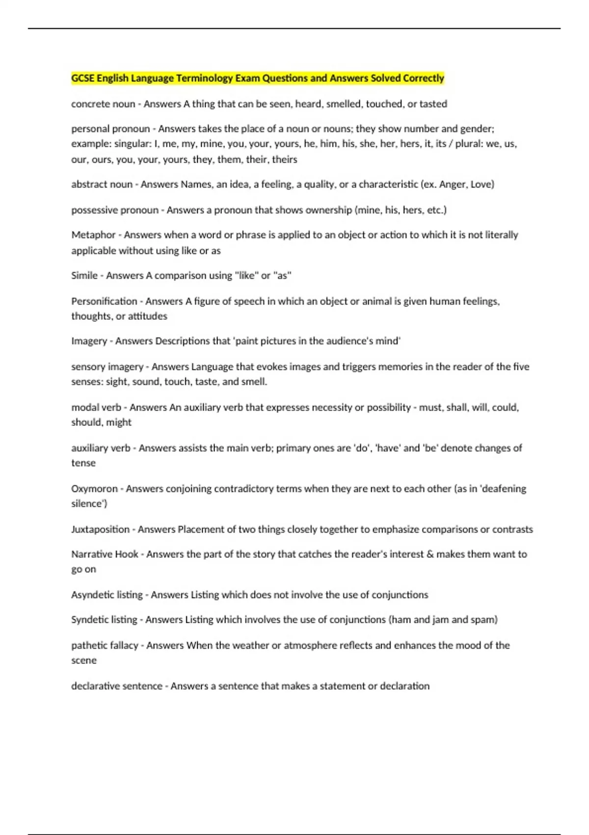 GCSE English Language Terminology Exam Questions and Answers Solved ...