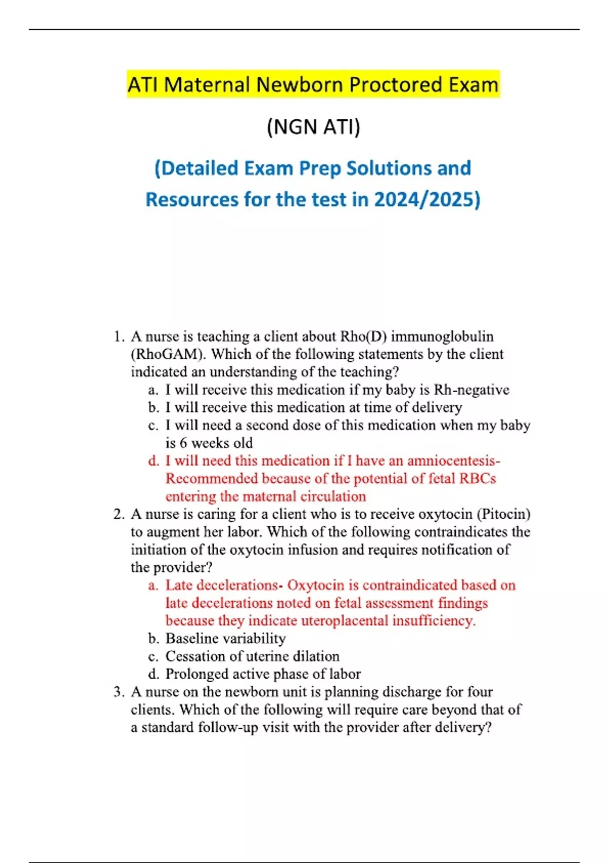 ATI Maternal Newborn Proctored Exam (NGN ATI) (Detailed Exam Prep ...