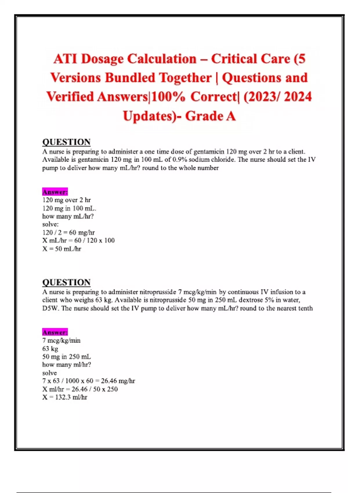 ATI Dosage Calculation – Critical Care (5 Versions Bundled Together ...