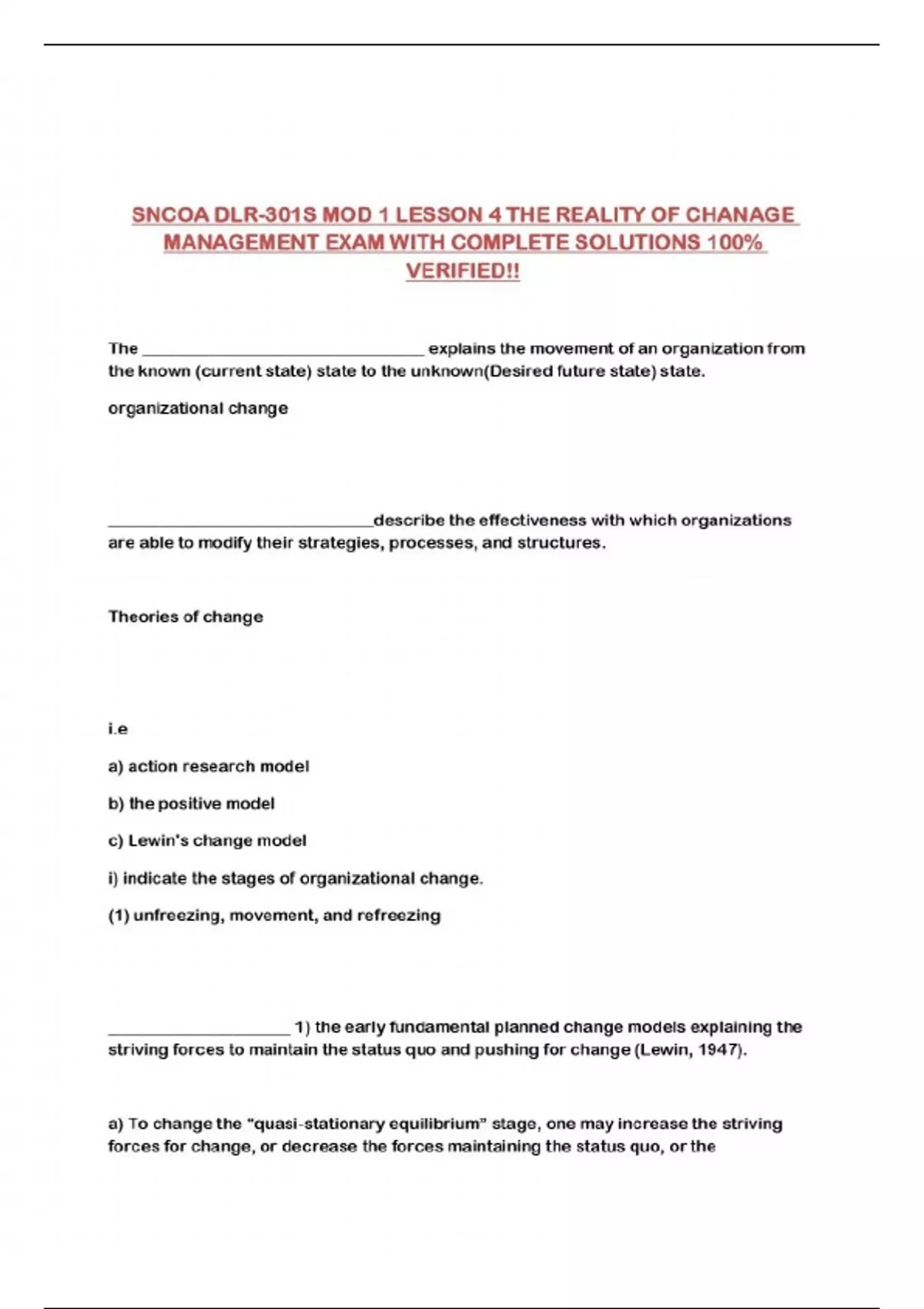 SNCOA DLR-301S MOD 1 LESSON 4 THE REALITY OF CHANAGE MANAGEMENT EXAM ...