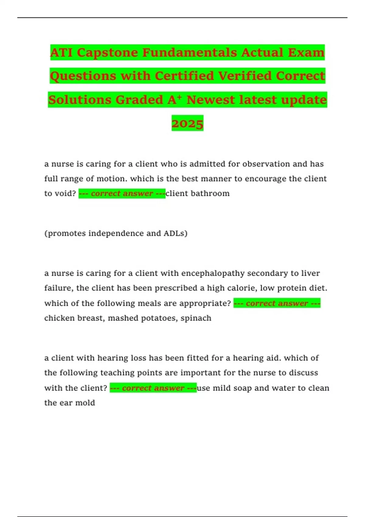 ATI Capstone Fundamentals Actual Exam Questions with Certified Verified ...