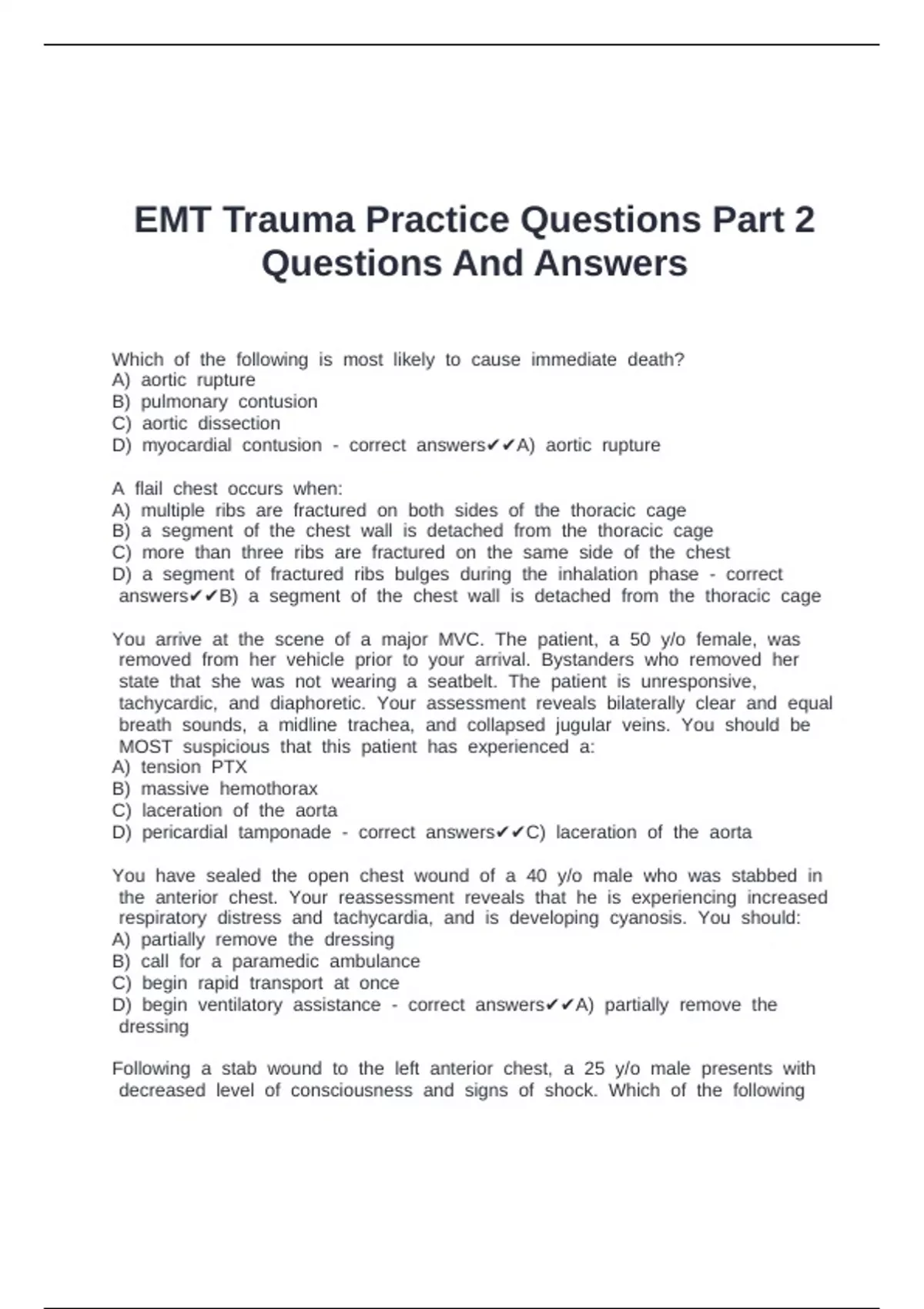 EMT Trauma Practice Questions Part 2 Questions And Answers - UCLA EMT ...