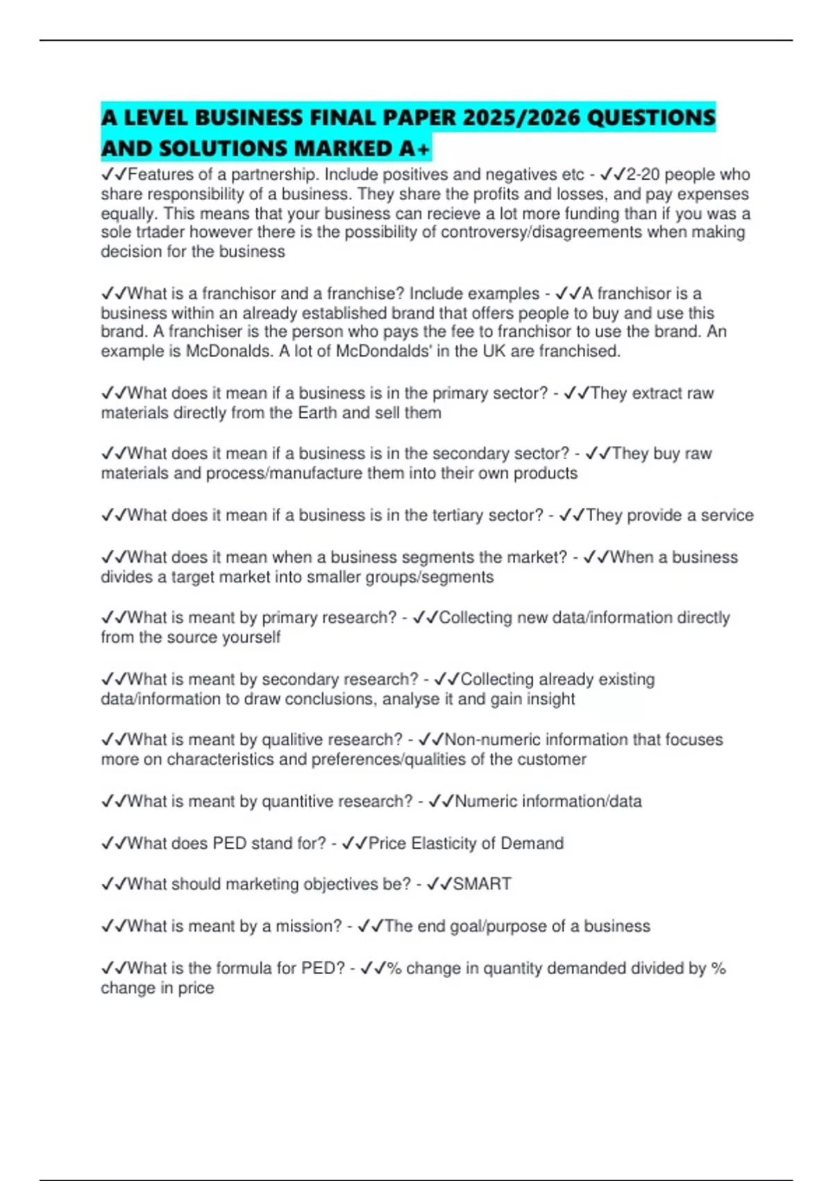 A LEVEL BUSINESS FINAL PAPER 2025/2026 QUESTIONS AND SOLUTIONS MARKED ...