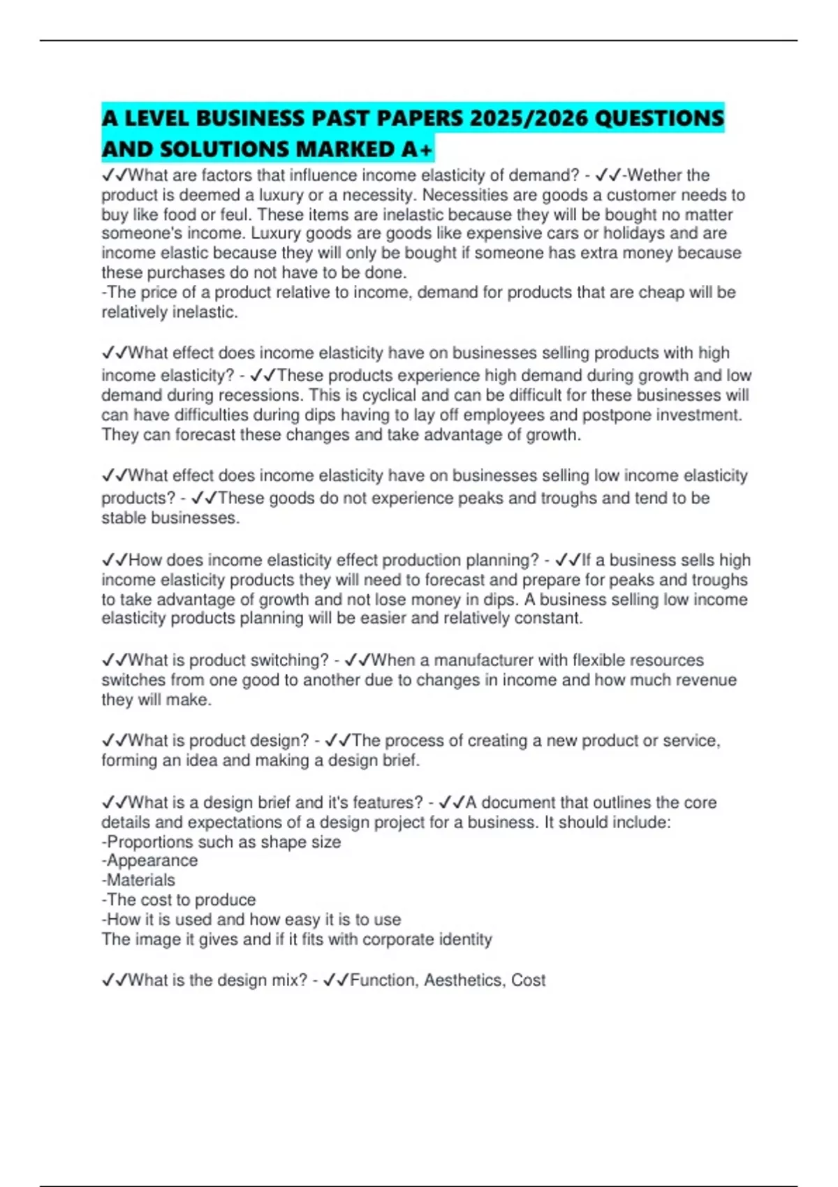 A LEVEL BUSINESS PAST PAPERS 2025/2026 QUESTIONS AND SOLUTIONS MARKED ...