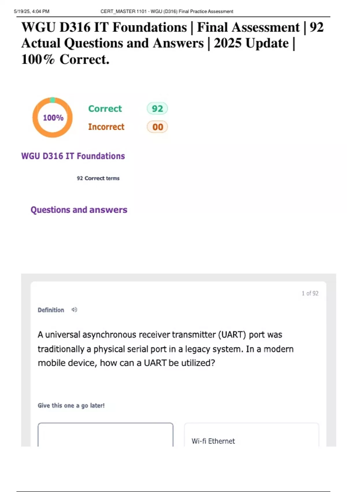 WGU D316 IT Foundations | Final Assessment | 92 Actual Questions and ...