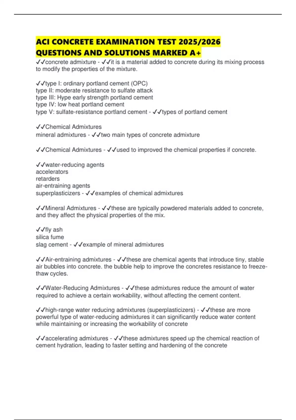 ACI CONCRETE EXAMINATION TEST 2025/2026 QUESTIONS AND SOLUTIONS MARKED ...