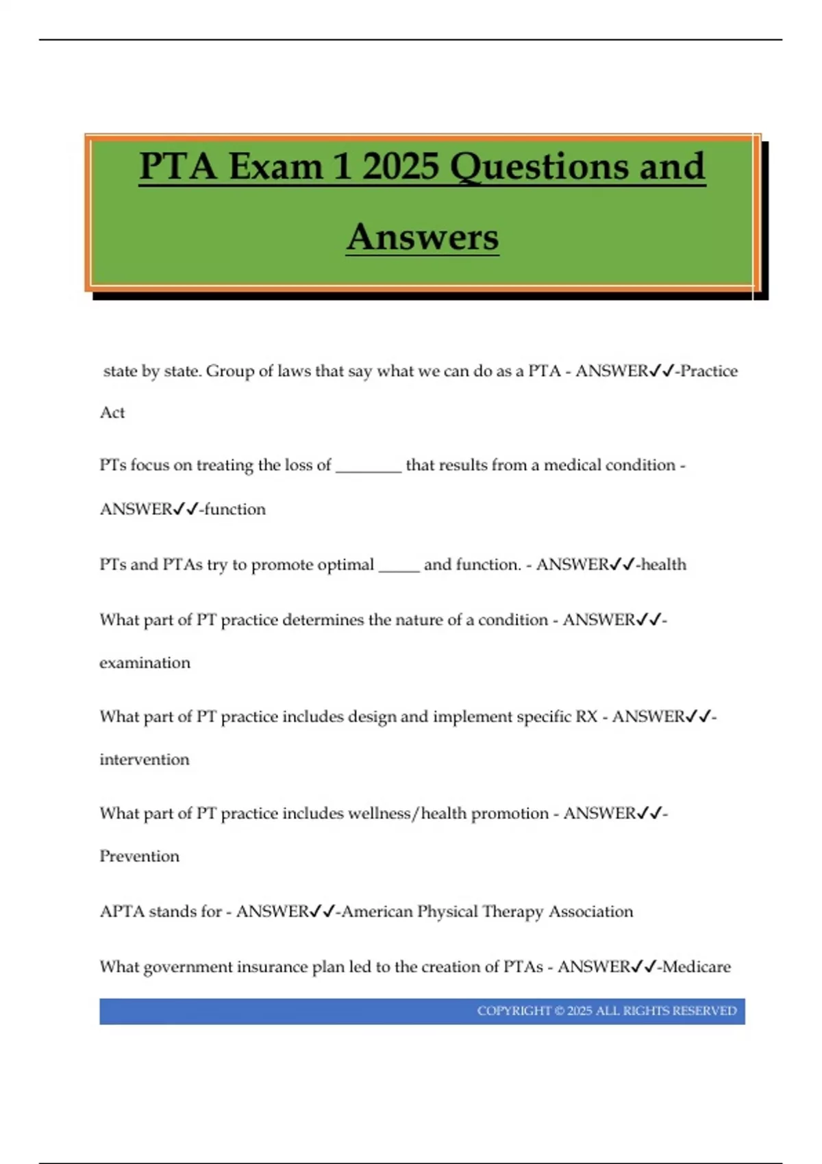 PTA Exam 1 2025 Questions and Answers - PTA - Physical Therapy ...