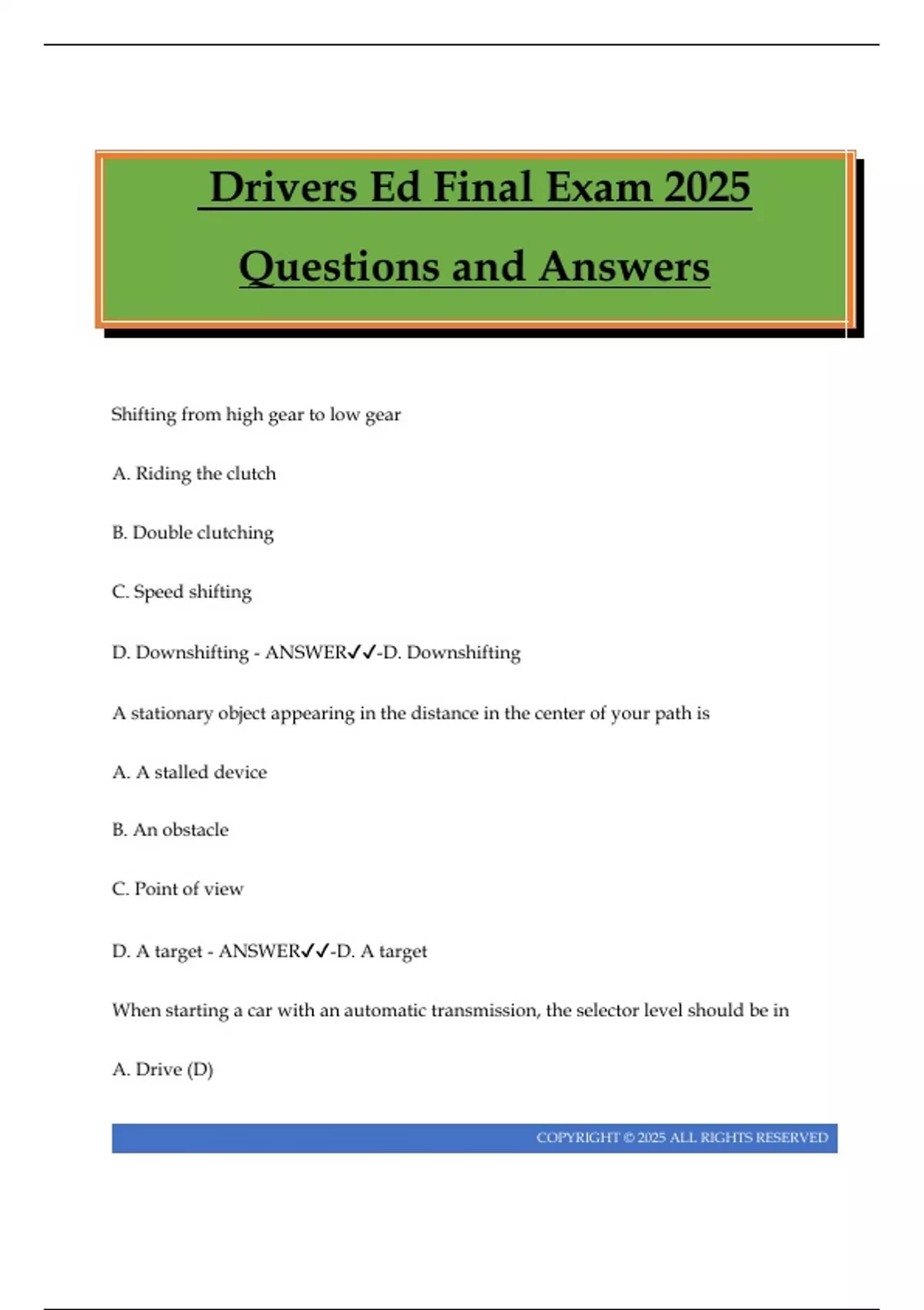 Drivers Ed Final Exam 2025 Questions and Answers - MVA Driving School ...