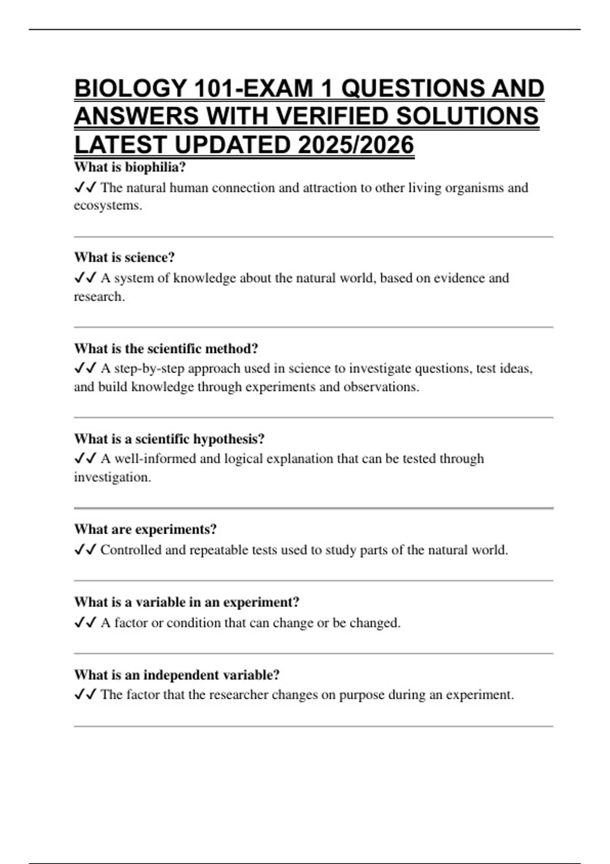 BIOLOGY 101-EXAM 1 QUESTIONS AND ANSWERS WITH VERIFIED SOLUTIONS LATEST ...