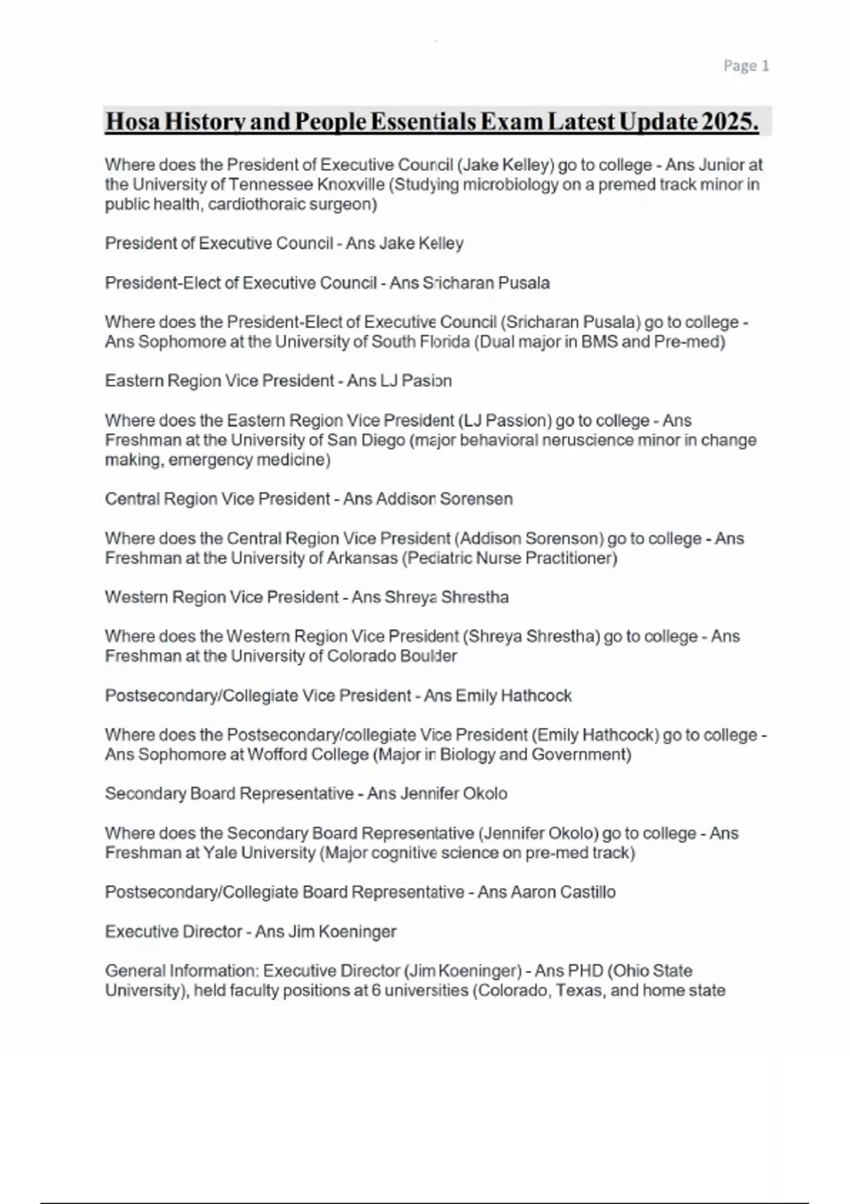 Hosa History and People Essentials Exam Latest Update 2025. - Hosa ...