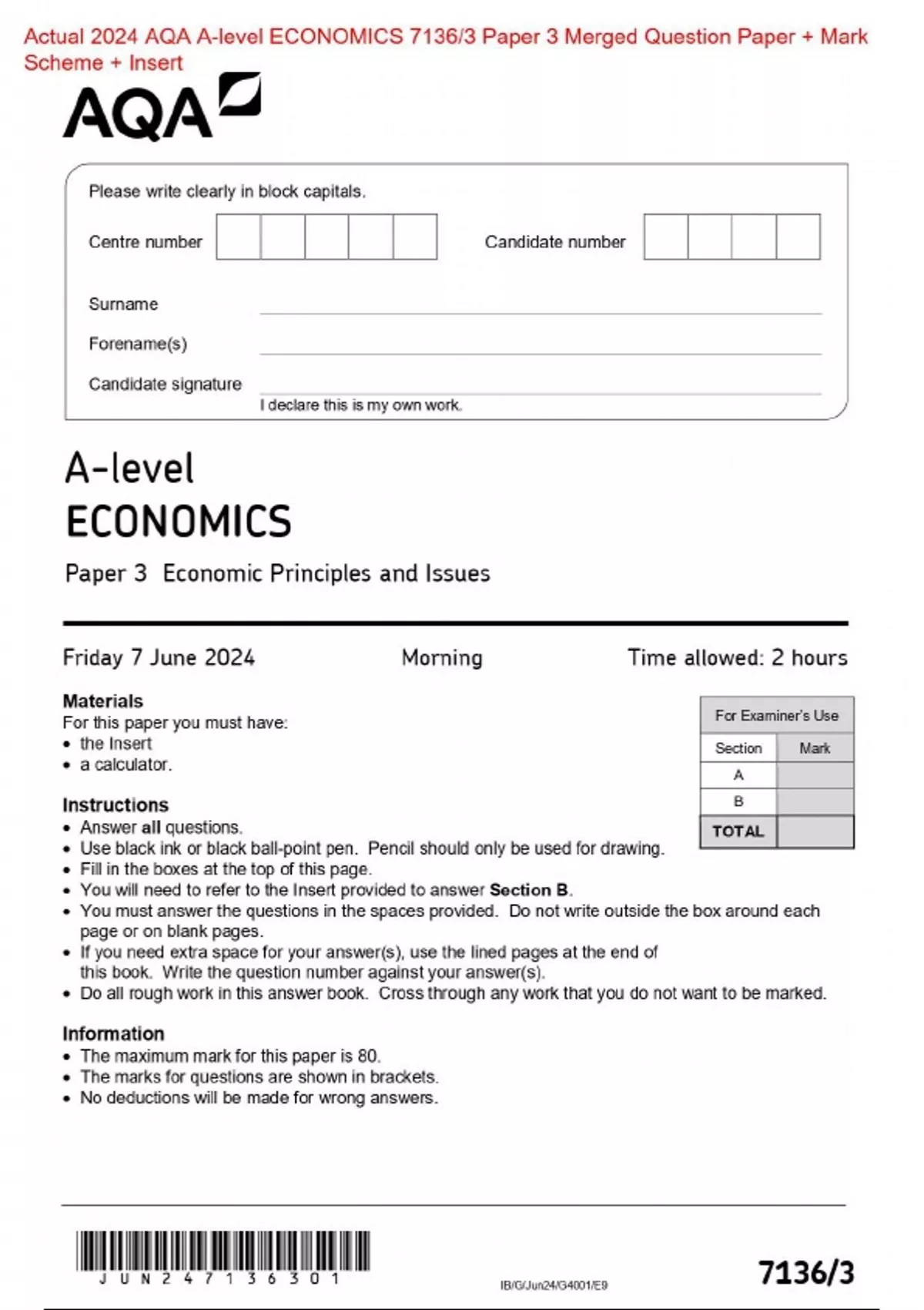 . Actual 2024 AQA A-level ECONOMICS 7136/3 Paper 3 Merged Question ...
