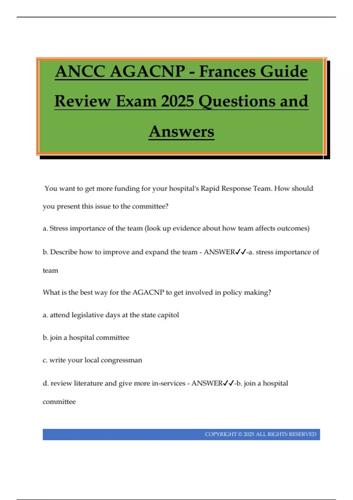 ANCC AGACNP - Frances Guide Review Exam 2025 Questions and Answers - AG ...