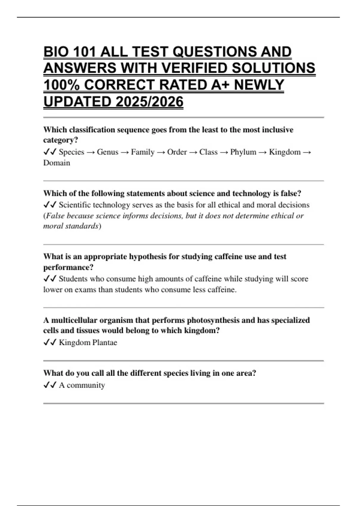 BIO 101 ALL TEST QUESTIONS AND ANSWERS WITH VERIFIED SOLUTIONS 100% ...