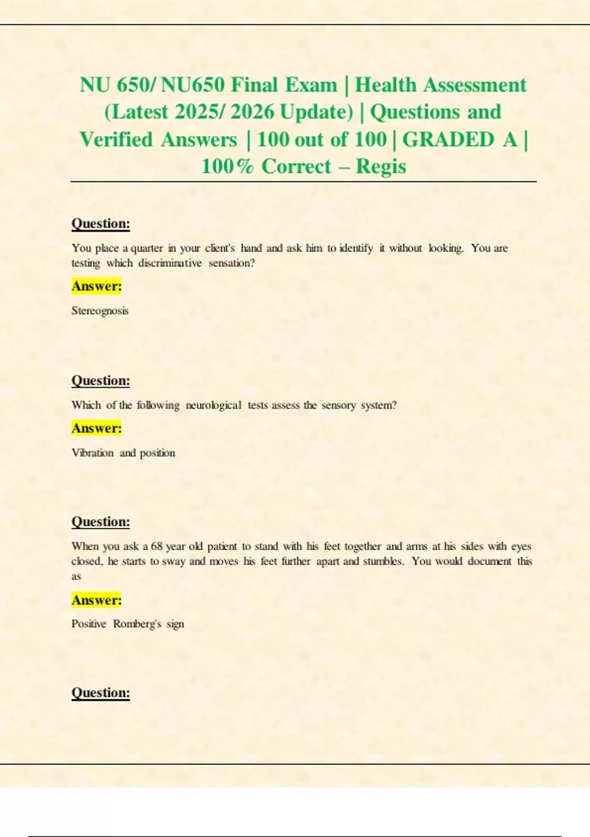 NU 650/ NU650 Final Exam | Health Assessment (Latest 2025/ 2026 Update ...