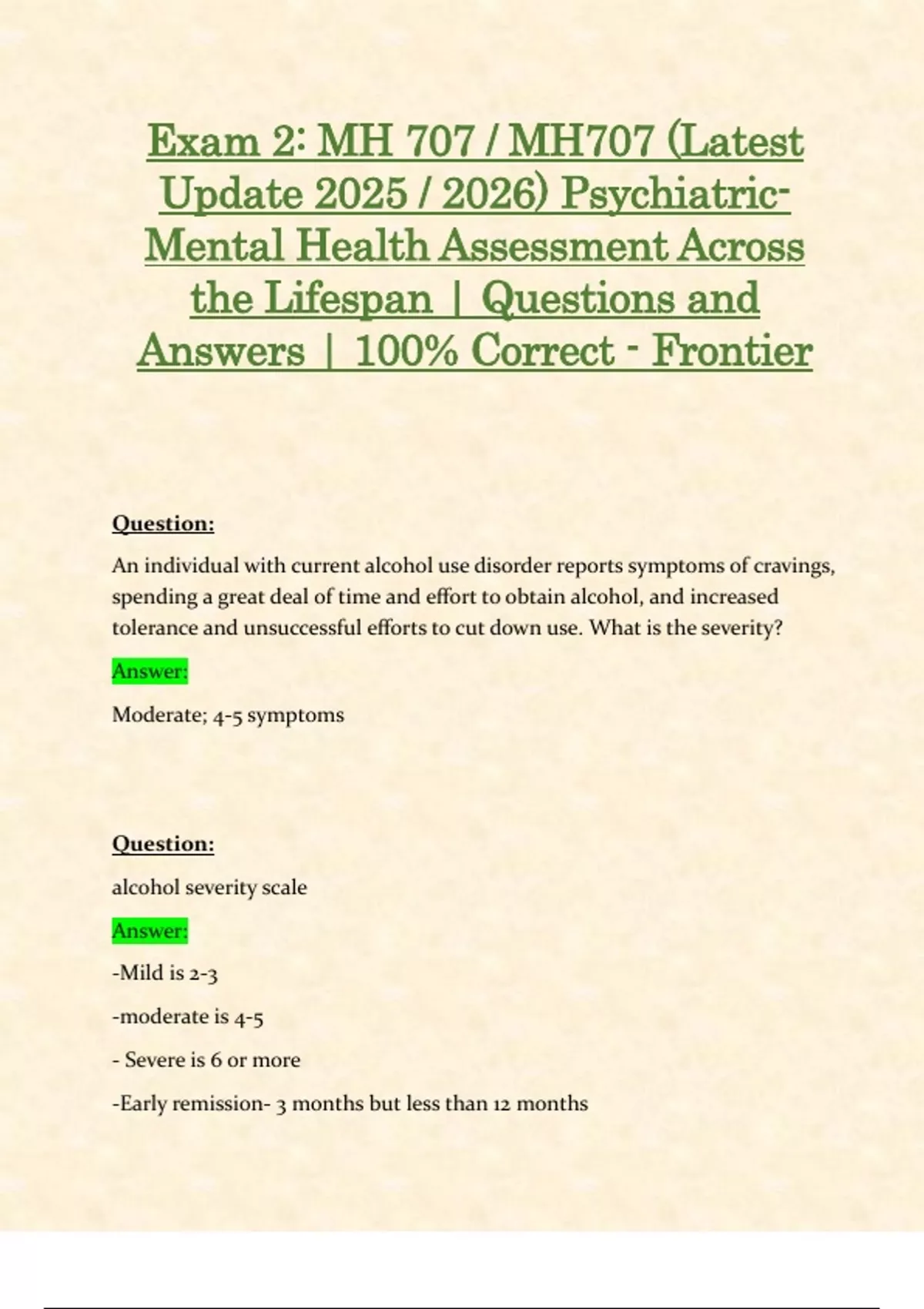 Exam 2: MH 707 / MH707 (Latest Update 2025 / 2026) Psychiatric-Mental ...