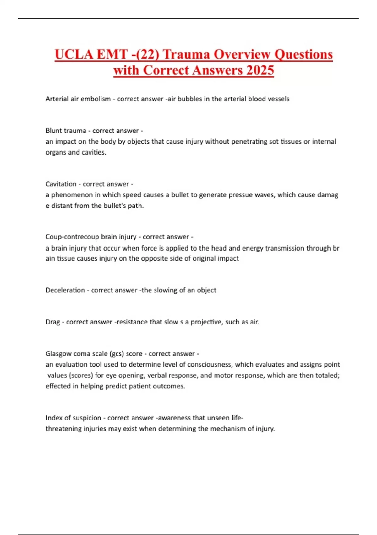 UCLA EMT -(22) Trauma Overview Questions with Correct Answers 2025 ...