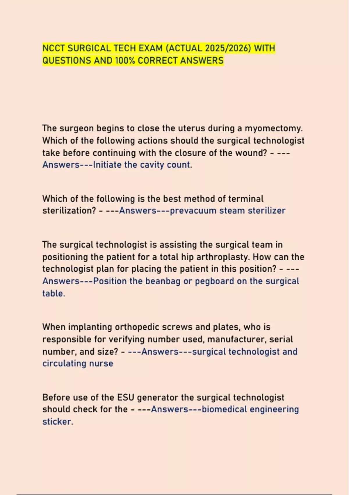 NCCT SURGICAL TECH EXAM (ACTUAL 2025/2026) WITH QUESTIONS AND 100% CORRECT ANSWERS - NCCT ...