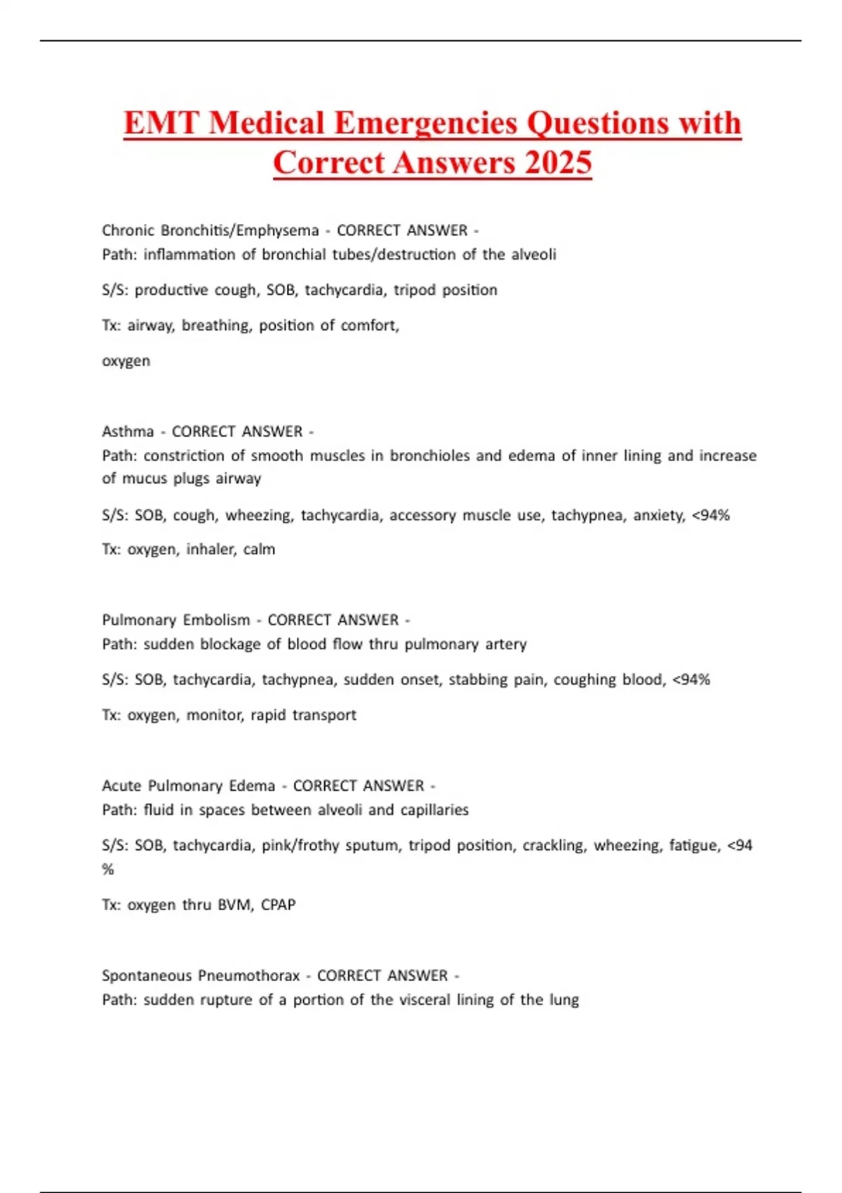 EMT Medical Emergencies Questions with Correct Answers 2025 - EMT - Stuvia US
