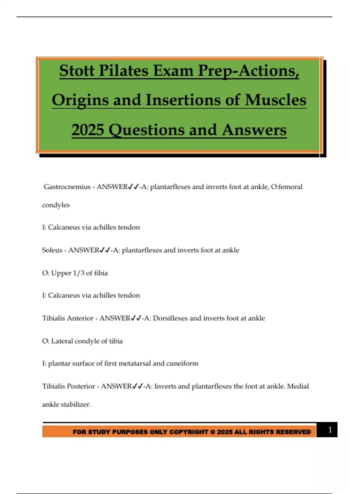 Stott Pilates Exam Prep-Actions, Origins and Insertions of Muscles 2025 ...