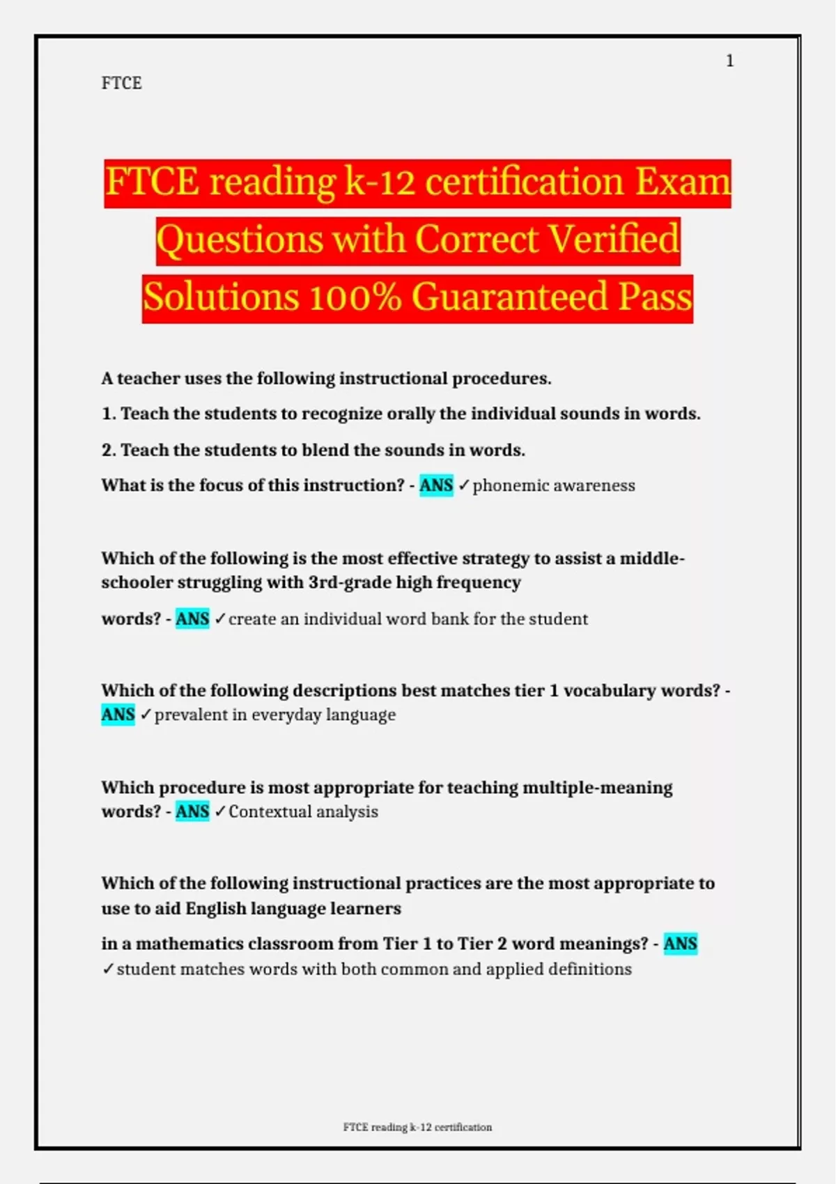 FTCE reading k-12 certification Exam Questions with Correct Verified ...