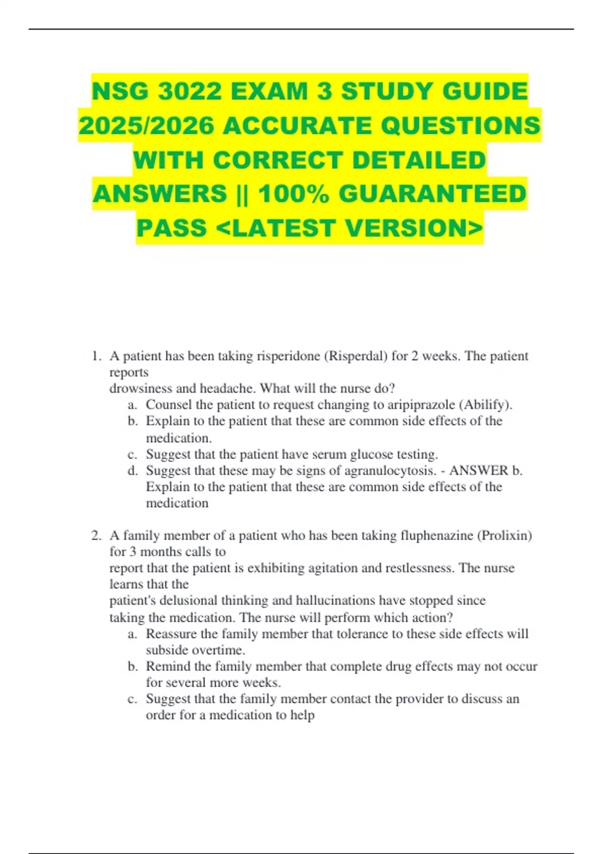 NSG 3022 EXAM 3 STUDY GUIDE 2025/2026 ACCURATE QUESTIONS WITH CORRECT ...