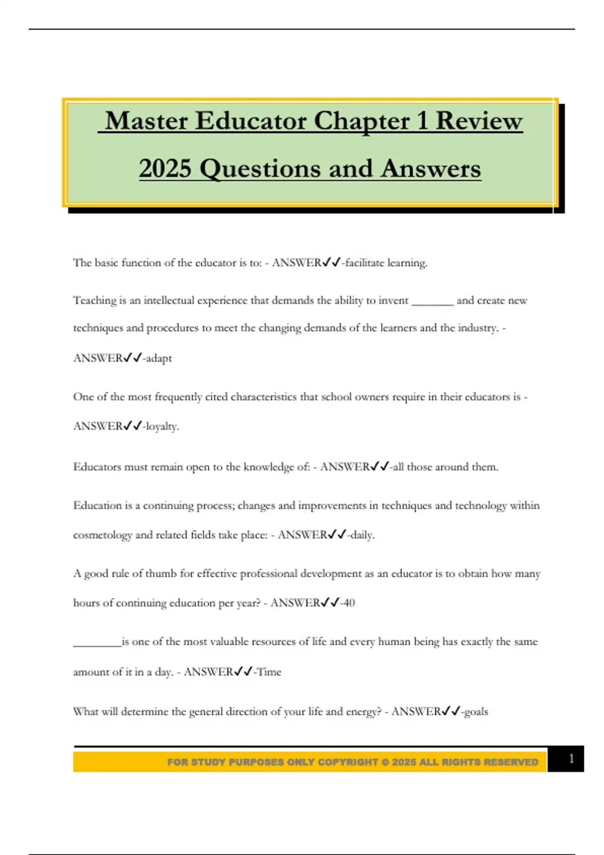 Master Educator Chapter 1 Review 2025 Questions and Answers - Milady ...