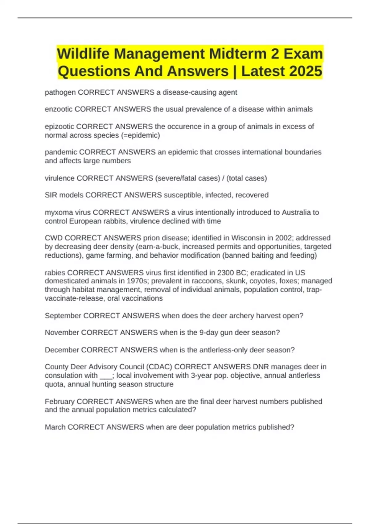 Wildlife Management Midterm 2 Exam Questions And Answers | Latest 2025 ...