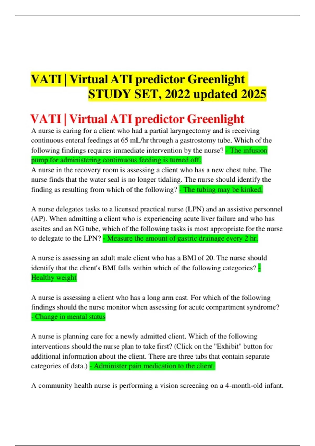 VATI | Virtual ATI predictor Greenlight STUDY SET, 2022 updated 2025 - Walden,chamberliine ...