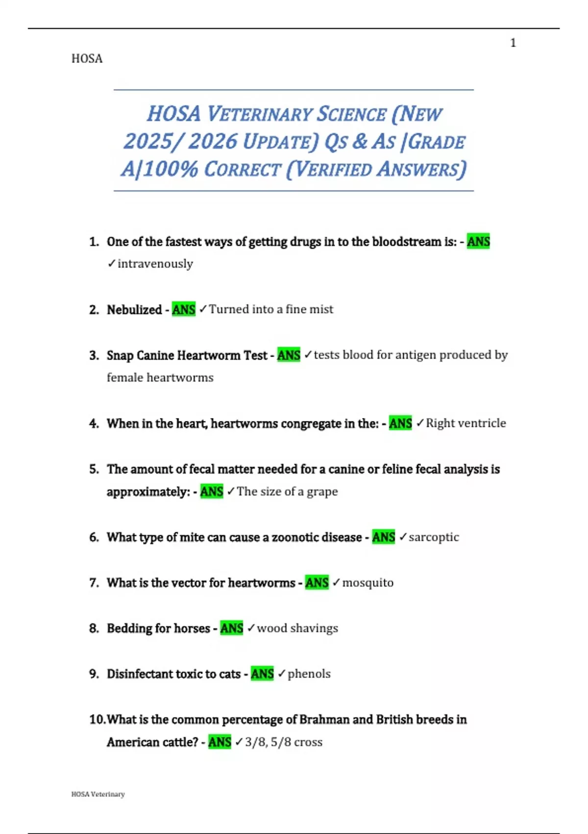 HOSA VETERINARY SCIENCE (NEW 2025/ 2026 UPDATE) QS & AS |GRADE A|100% ...