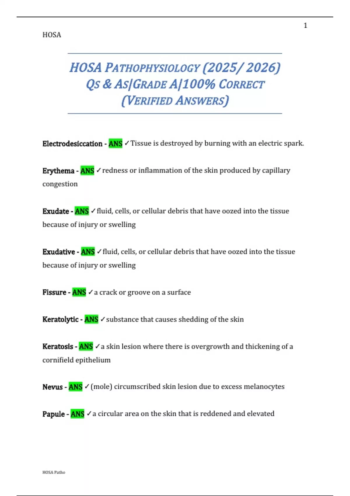 HOSA PATHOPHYSIOLOGY (2025/ 2026) QS & AS|GRADE A|100% CORRECT ...