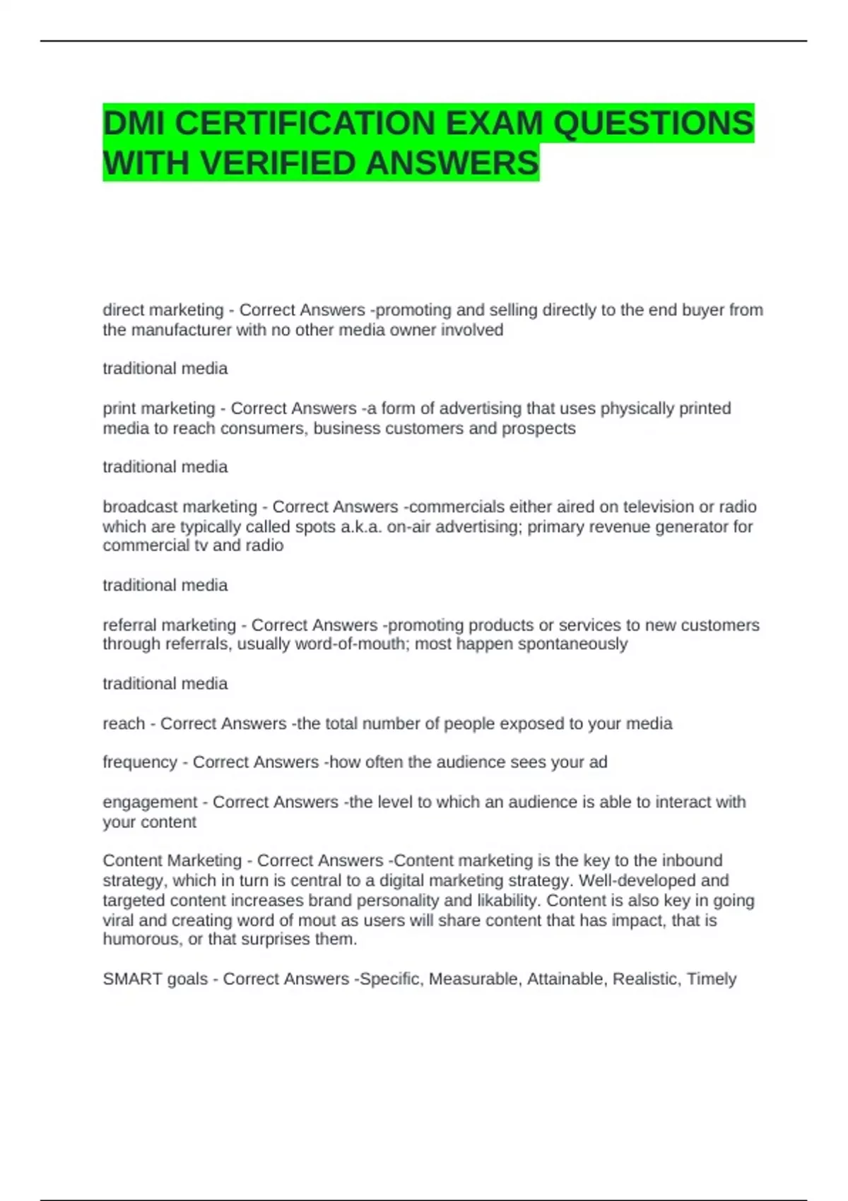 DMI CERTIFICATION EXAM QUESTIONS WITH VERIFIED ANSWERS - DMI - Stuvia US