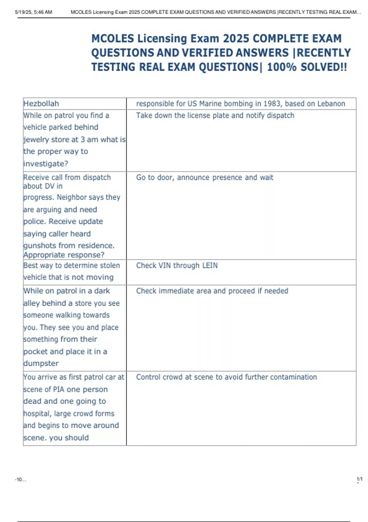 MCOLES Licensing Exam 2025 COMPLETE EXAM QUESTIONS AND VERIFIED ANSWERS ...