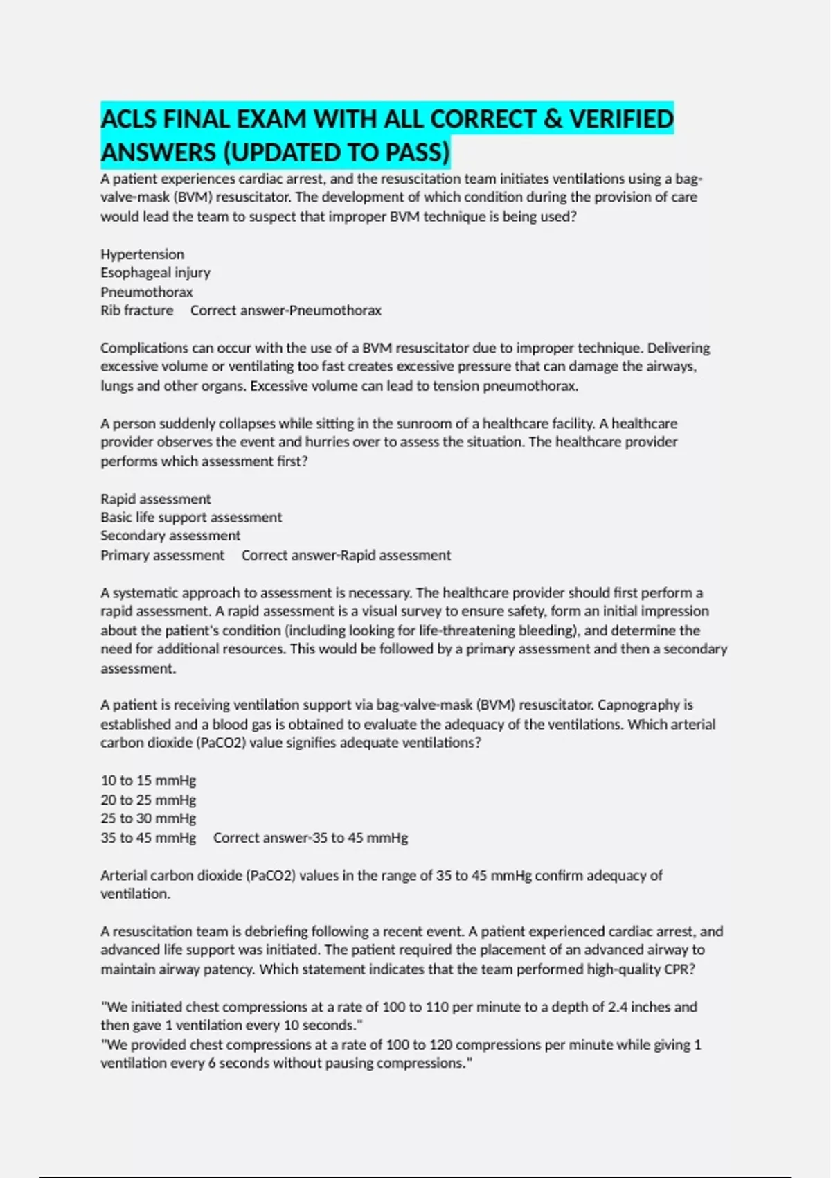 ACLS FINAL EXAM WITH ALL CORRECT & VERIFIED ANSWERS (UPDATED TO PASS ...