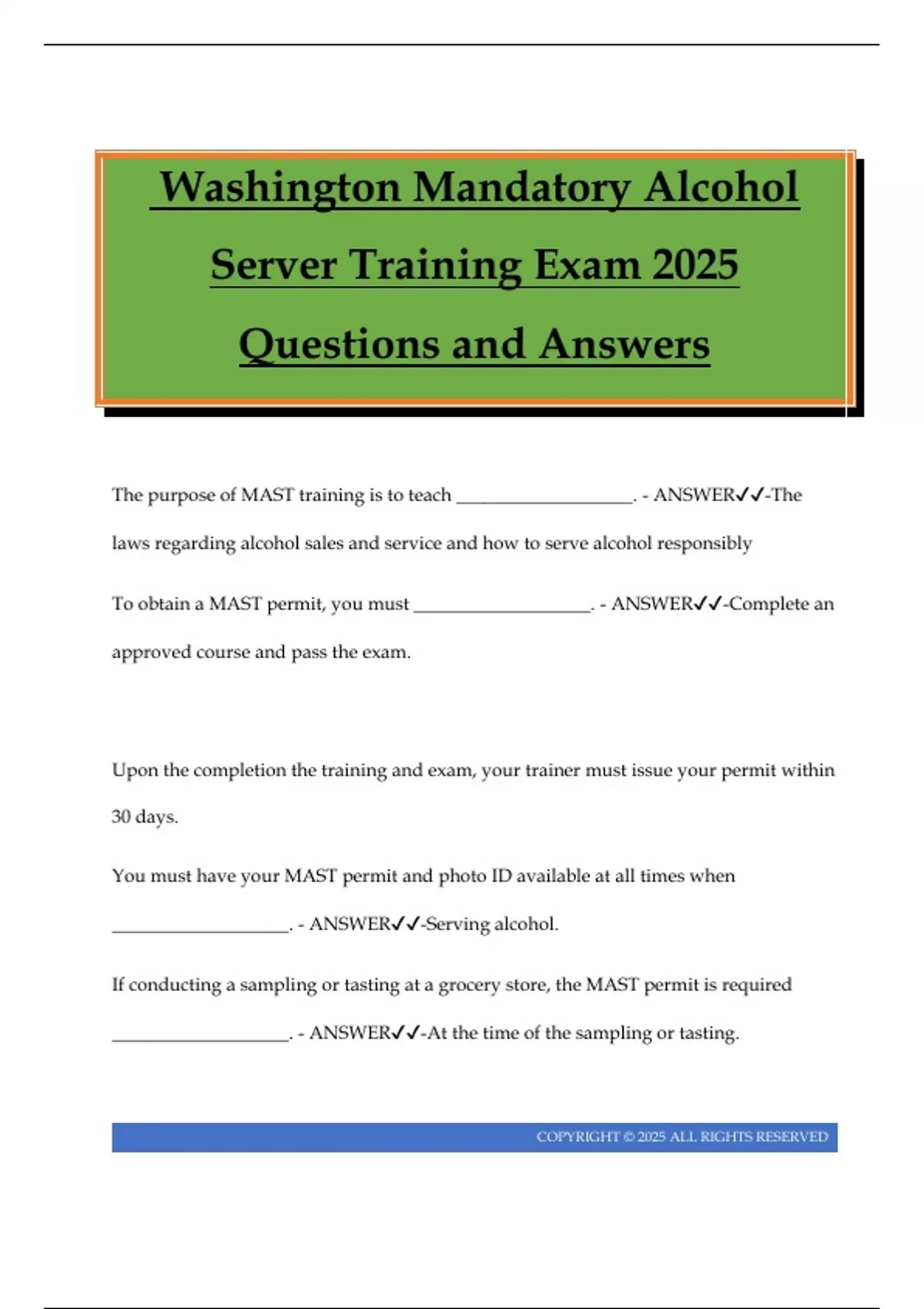 Washington Mandatory Alcohol Server Training Exam 2025 Questions and ...